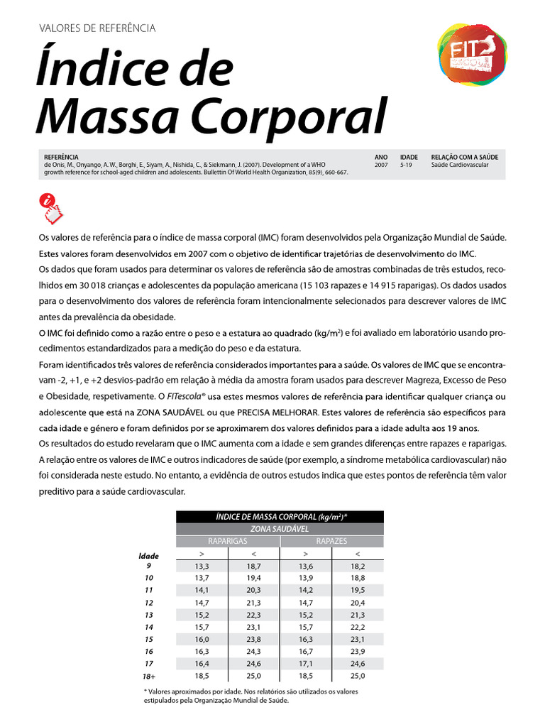 4 docValoresReferencia Fichas Imc-4 | PDF | Índice de massa corporal | Obesidade