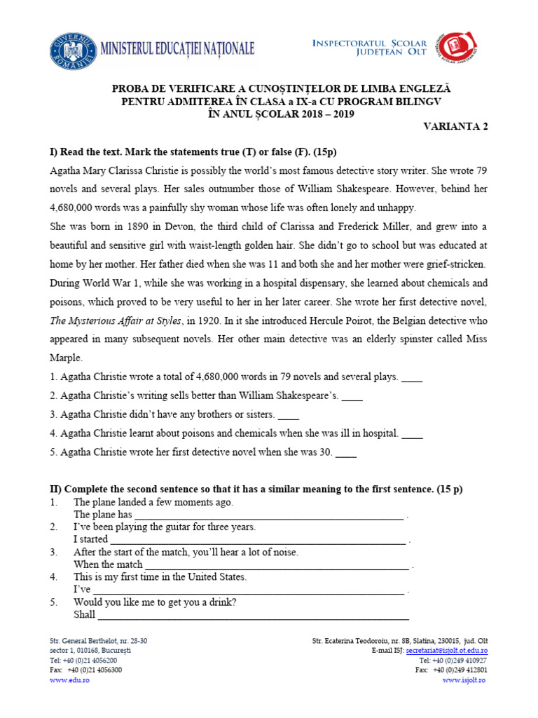 Bilingv Engleza 2018 Subiecte V2 | PDF | Agatha Christie | The Mysterious Affair At Styles