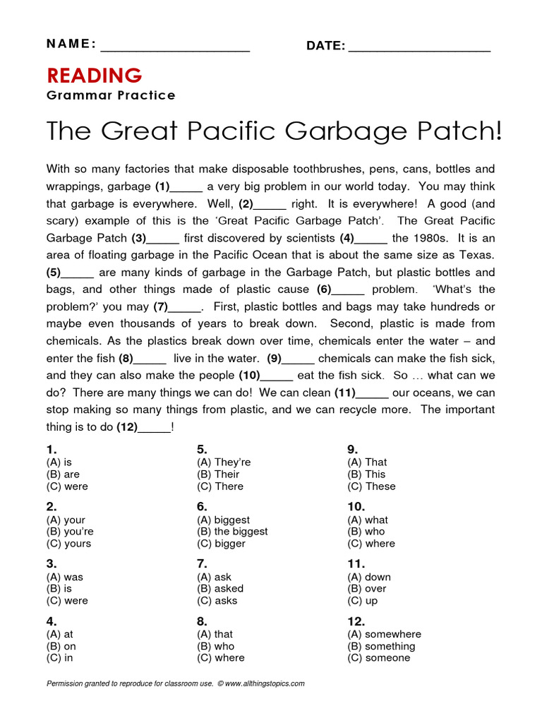 Great Pacific Garbage Patch - Grammar Practice | PDF | Plastic ...
