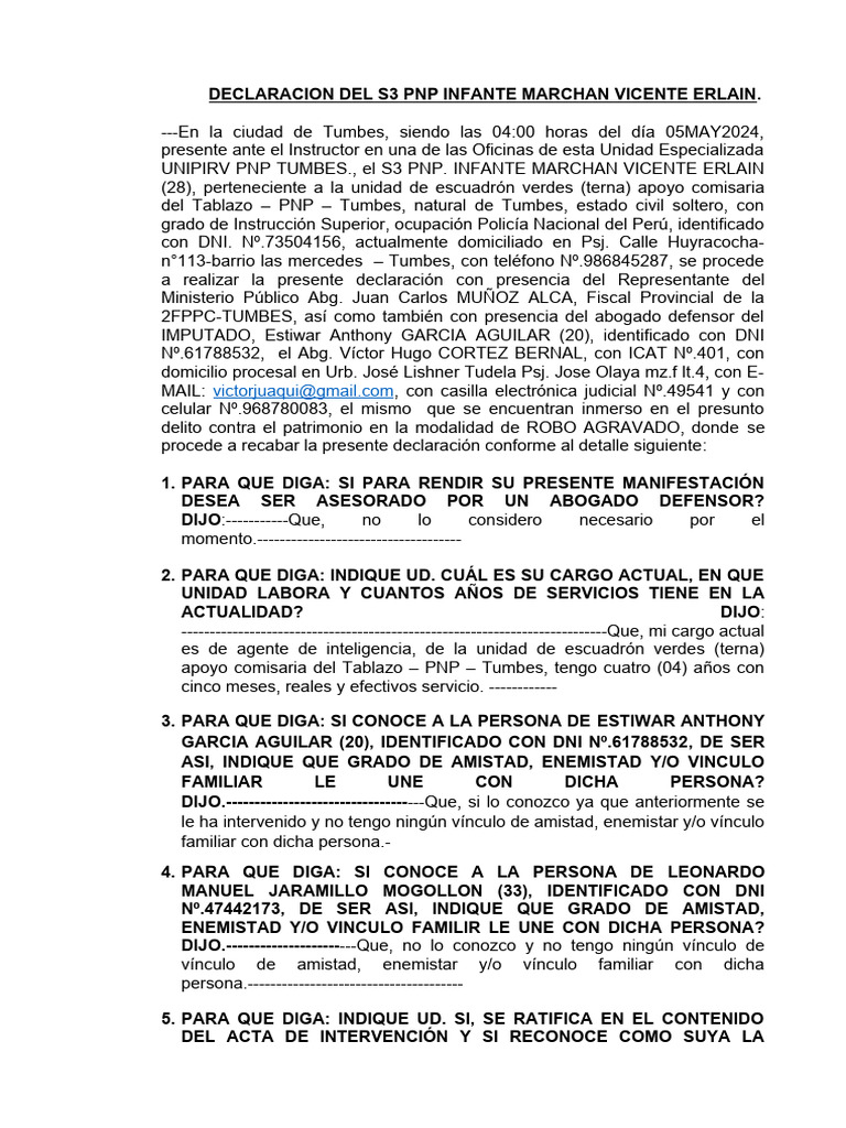 Declaracion Del EARLIN | PDF | Documento de identidad | Justicia penal