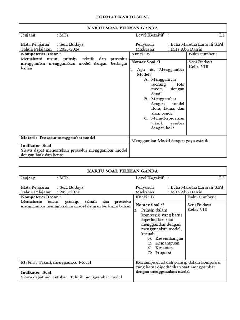 Format Kartu Soal KKM 6 | PDF