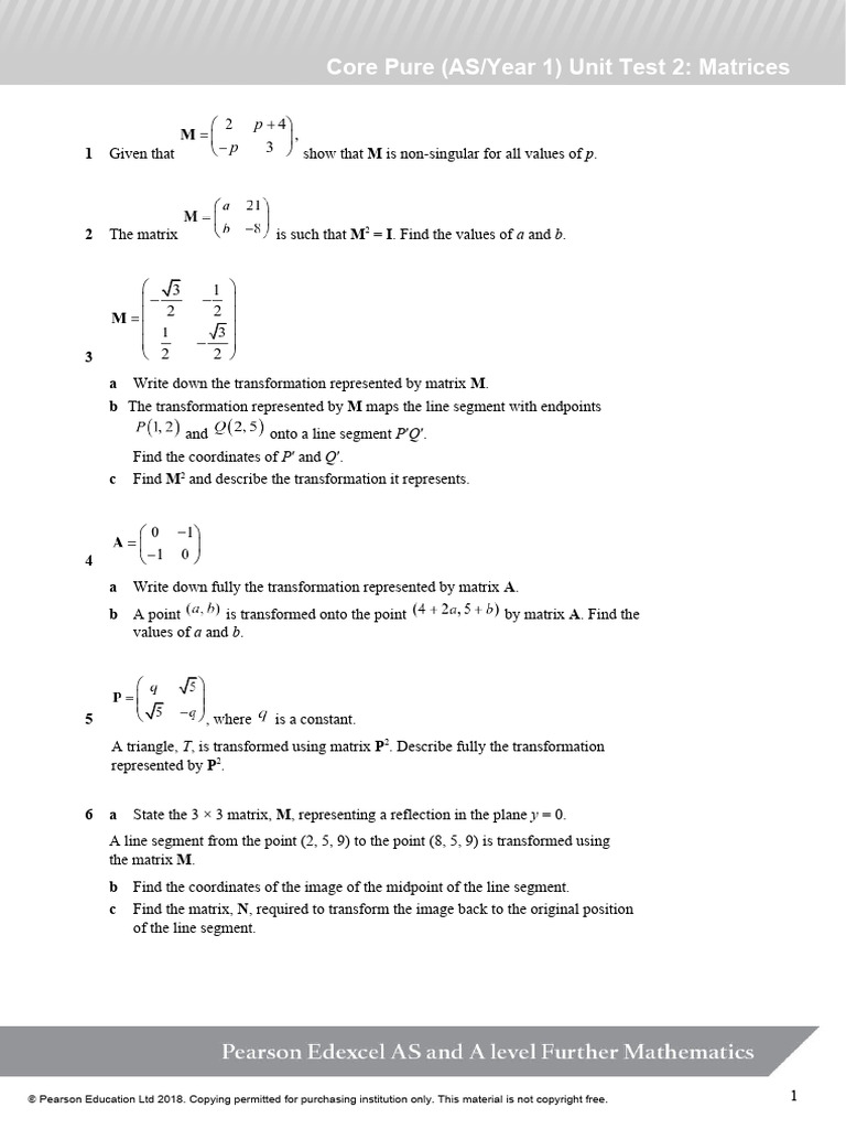 Core Pure Unit Test 2 Matrices | PDF | Matrix (Mathematics ...
