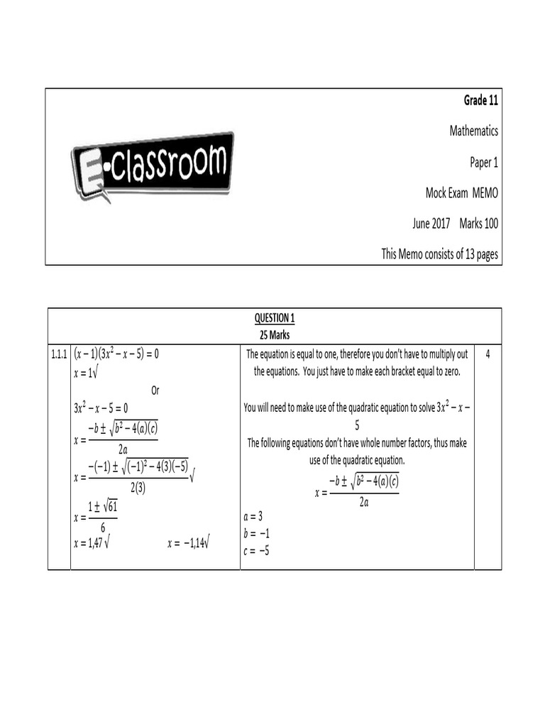 gr11 Mock Exam 1 June Paper 1 Memo 2017 | PDF | Square Root | Equations gr11 Mock Exam 1 June Paper 1 Memo 2017 | PDF | Square Root | Equations