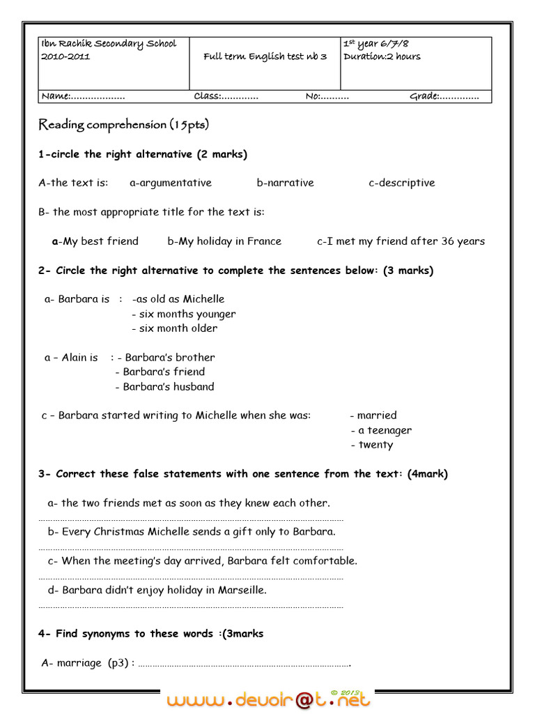 Devoir de Synthèse N°3 - Anglais - 1ère AS (2011-2012) Mme Hanene | PDF | Syntax | Linguistics