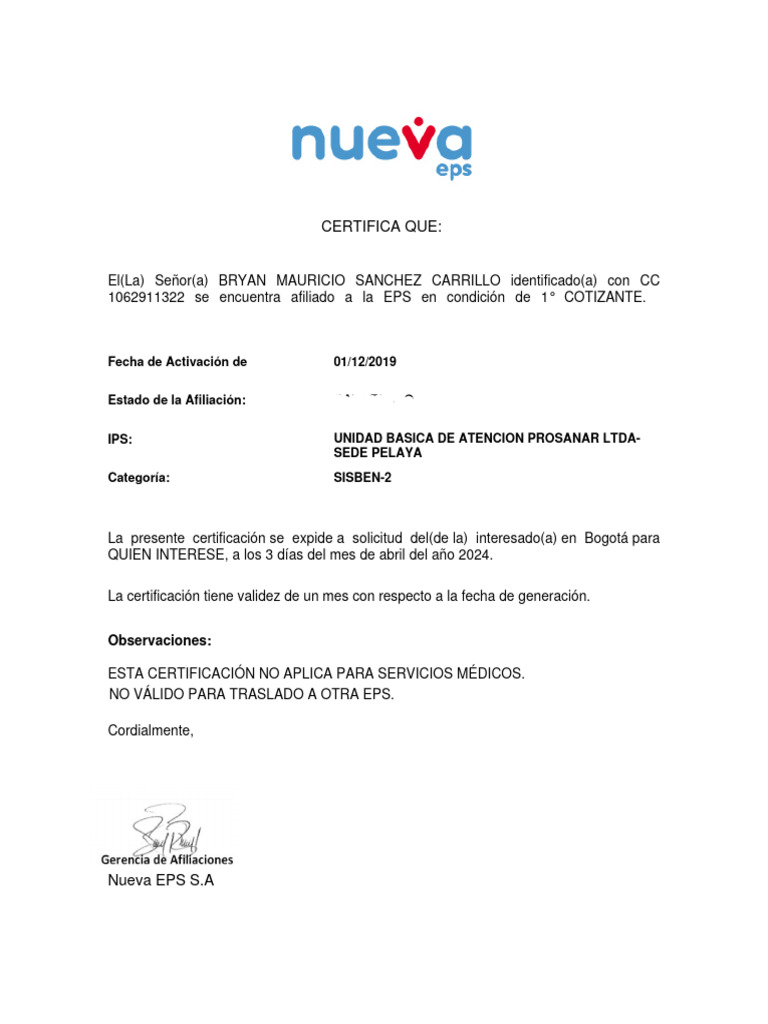 Certificación de Afiliación EPS Bryan Sanchez | PDF | Negocios ...