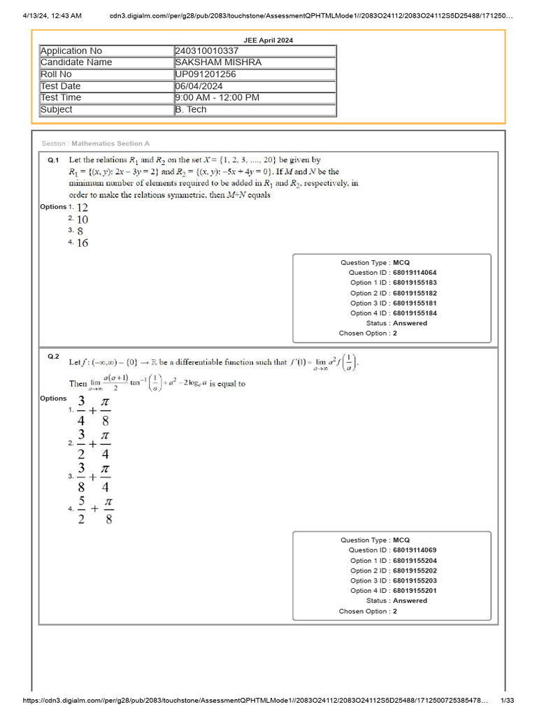 JEE Main Q | PDF | Multiple Choice | Data Collection