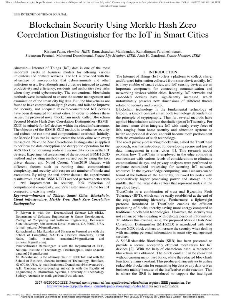 Blockchain Security Using Merkle Hash Zero Correlation Distinguisher For The IoT in Smart Cities ...