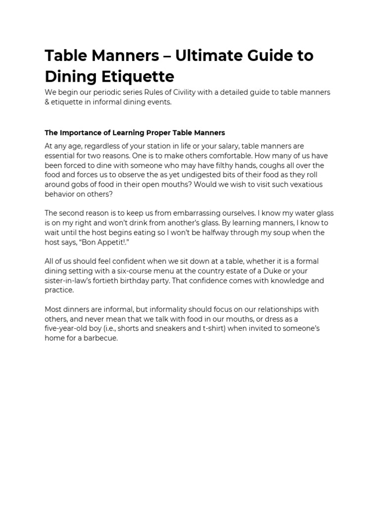 Table Manners - Ultimate Guide To Dining Etiquette | PDF | Cuisine