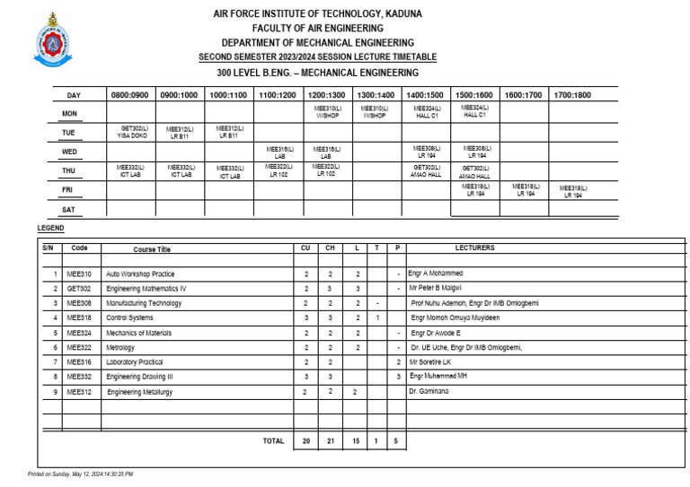 Updated 1 Final 300 L MECHANICAL Second Semester 22 - 23 Lectiure Timetable | PDF | Physical ...