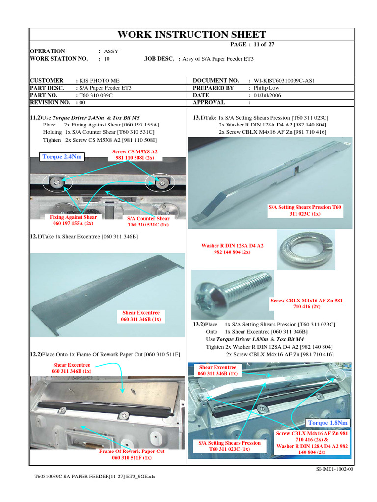 Assembly Instructions for S/A Paper Feeder | PDF | Screw | Equipment