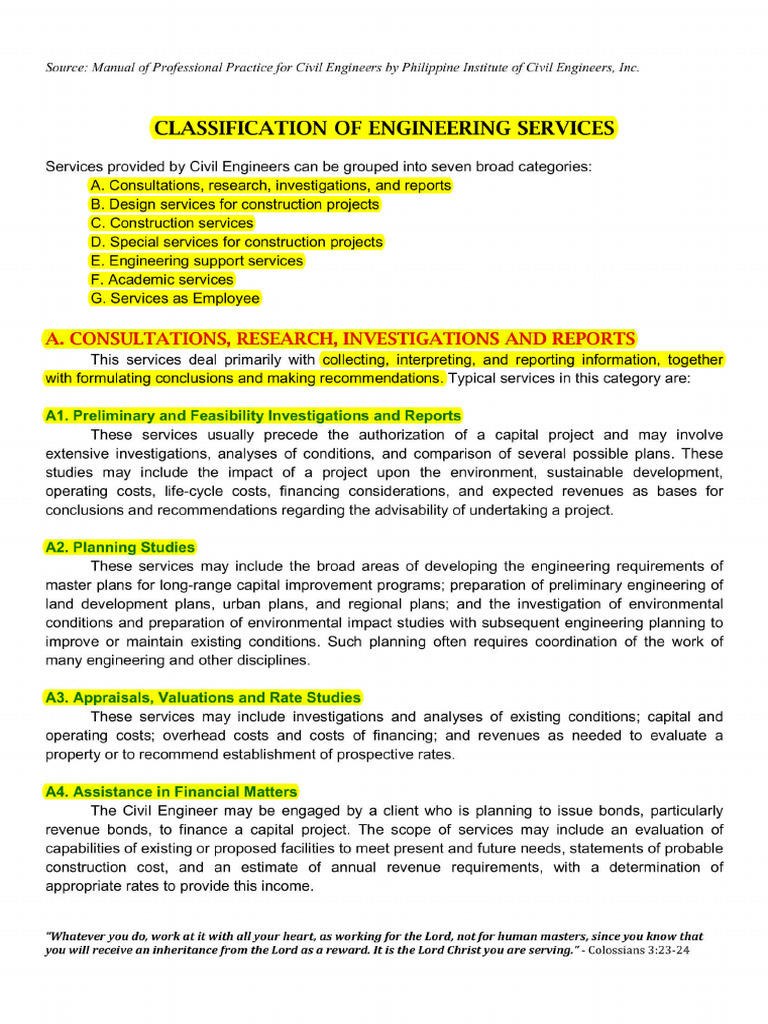 Classification of Engineering Services: A. Consultations, Research, Investigations and Reports ...