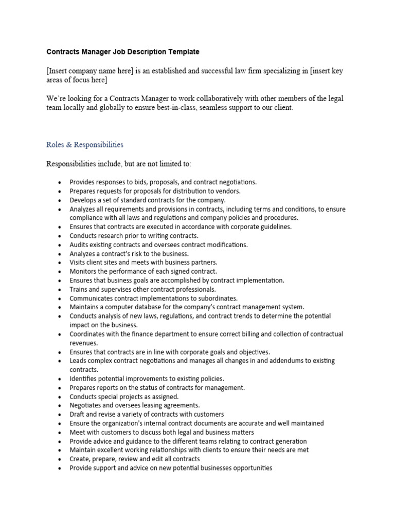 Free Contracts Manager Job Description For Microsoft Word | PDF | Business