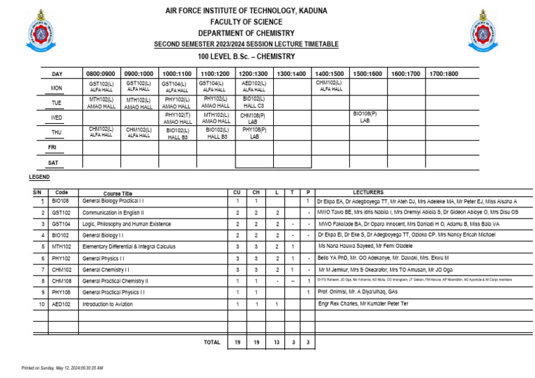 Updated Final CHEM Second Semester 22 - 23 Lectiure Timetable | PDF