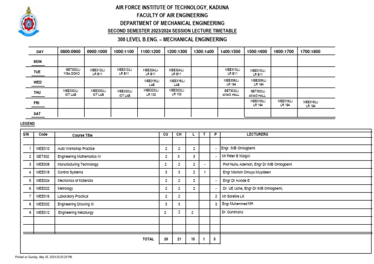 Final 300 L MECHANICAL Second Semester 22 - 23 Lectiure Timetable | Download Free PDF | Academic ...