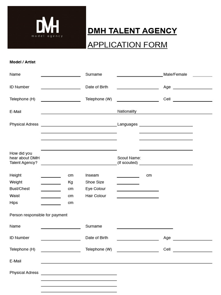 DMH Talent Agency Application Form | PDF | Credit Card | Cheque