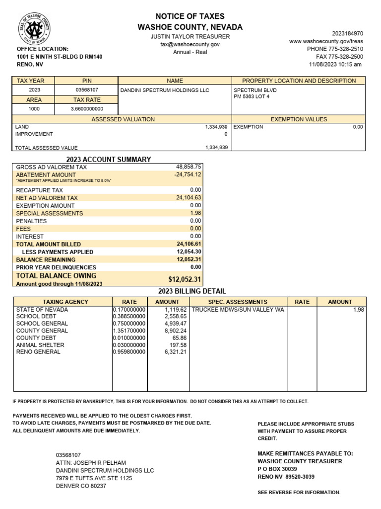 Washoe County 2023 Tax Notice | PDF | Taxes | Personal Finance