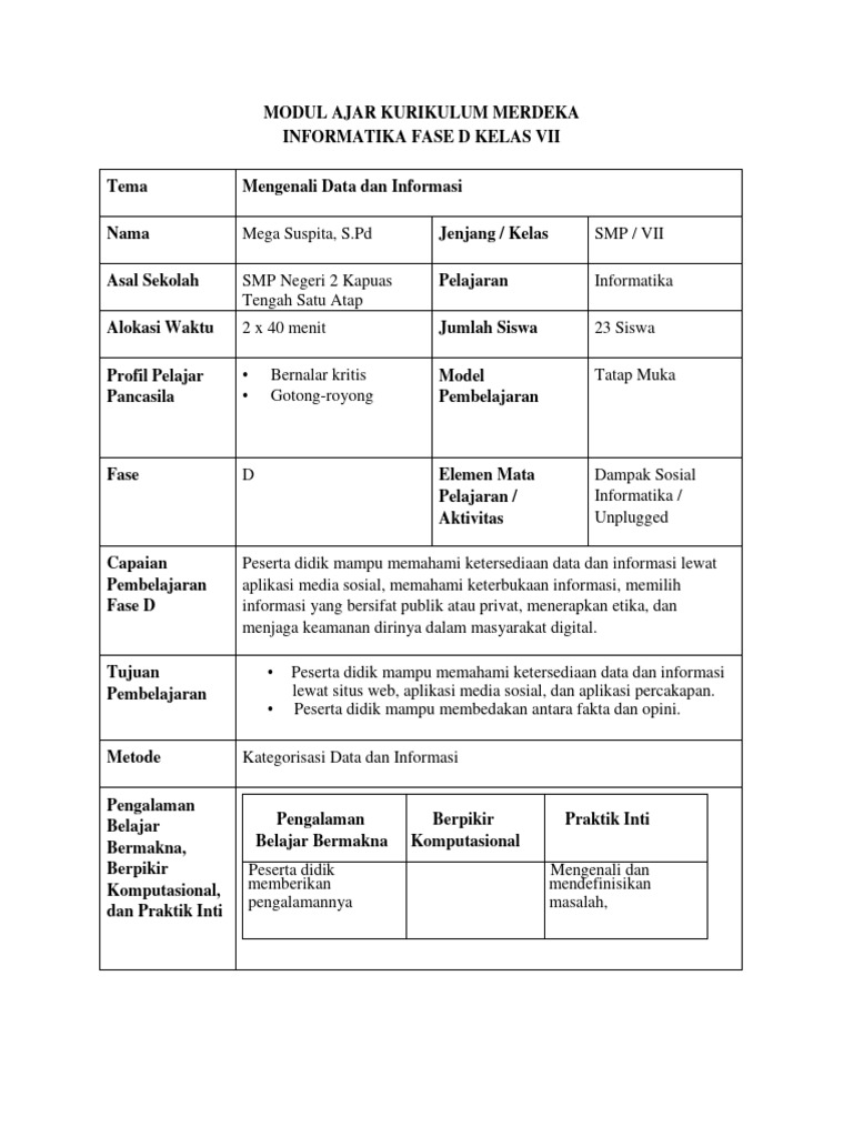 Modul Ajar Informatika Kelas VII.A | PDF