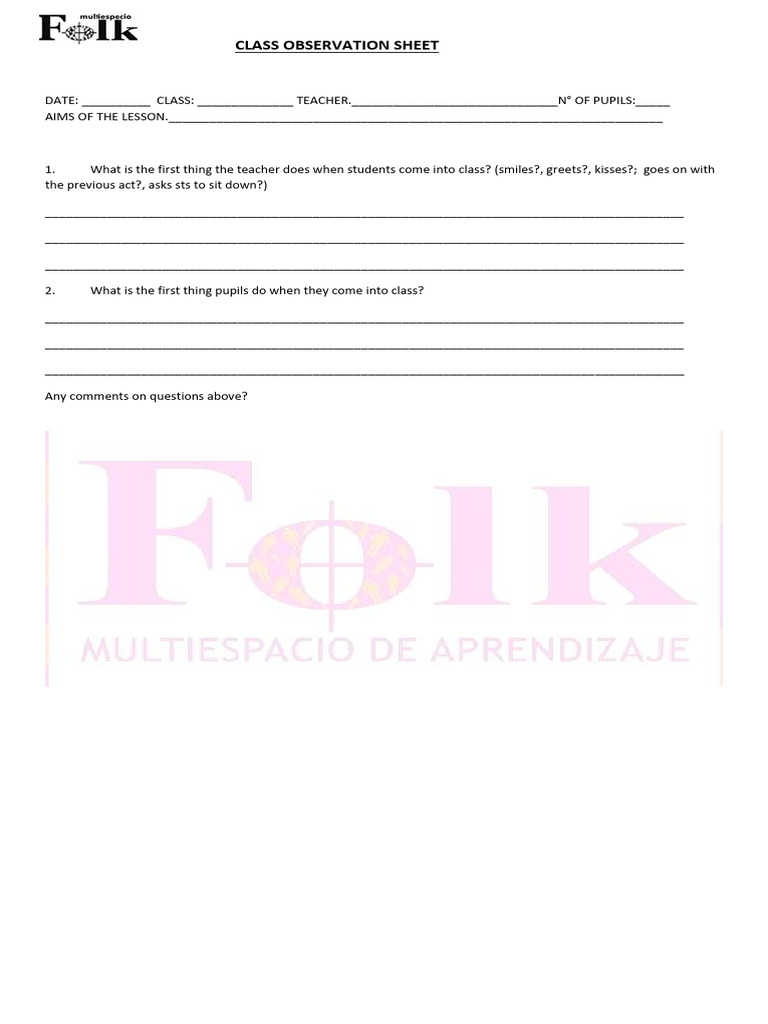 Class Observation Sheet | PDF | Classroom | Teachers