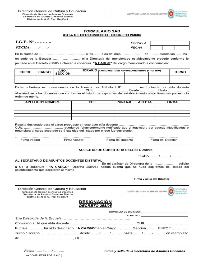 FORM SAD Designacion Dto 258-05 Nuevo | PDF | Gobierno