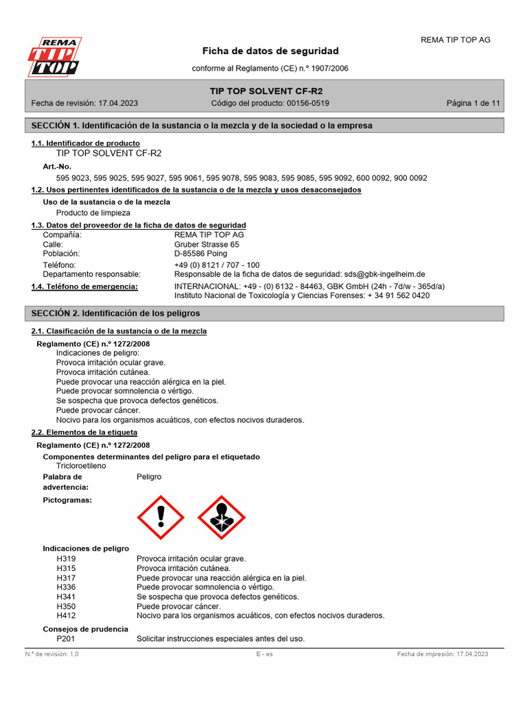 Ficha de Seguridad: TIP TOP SOLVENT CF-R2 | PDF | Cloro | Agua