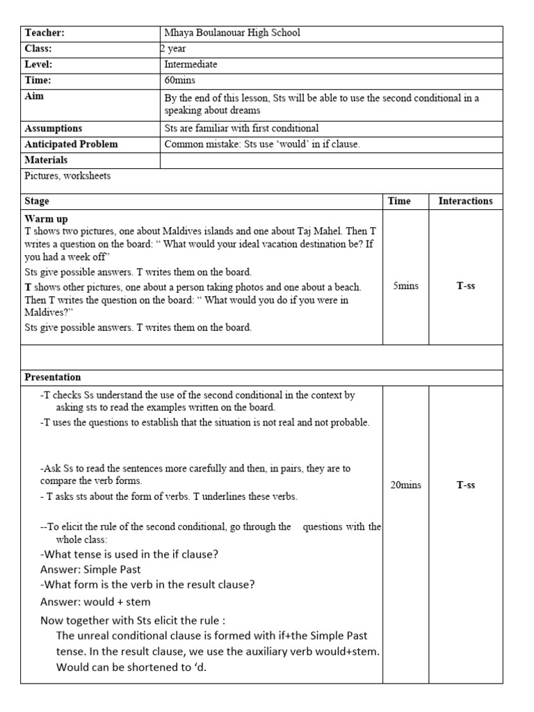 Second Conditional Lesson Plan for Teachers | PDF | Question | Verb