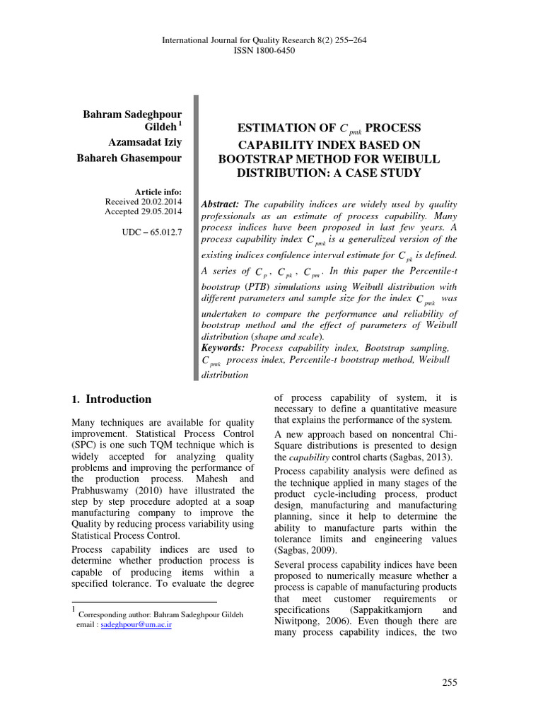 Estimation of CPMK Process Capability Index Based | PDF | Bootstrapping (Statistics ...