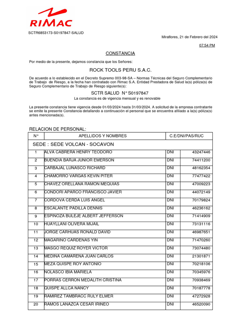 Constancia SCTR Salud - Empleados | PDF