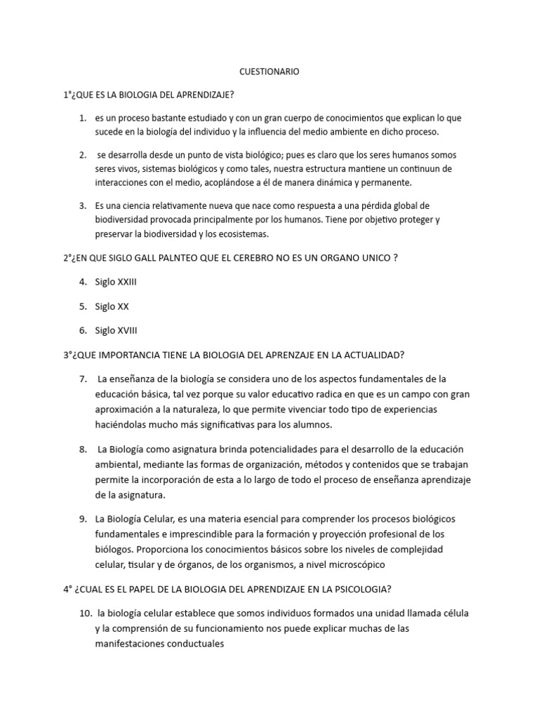 Cuestionario Aprendizaje | PDF | Cerebro | Biología