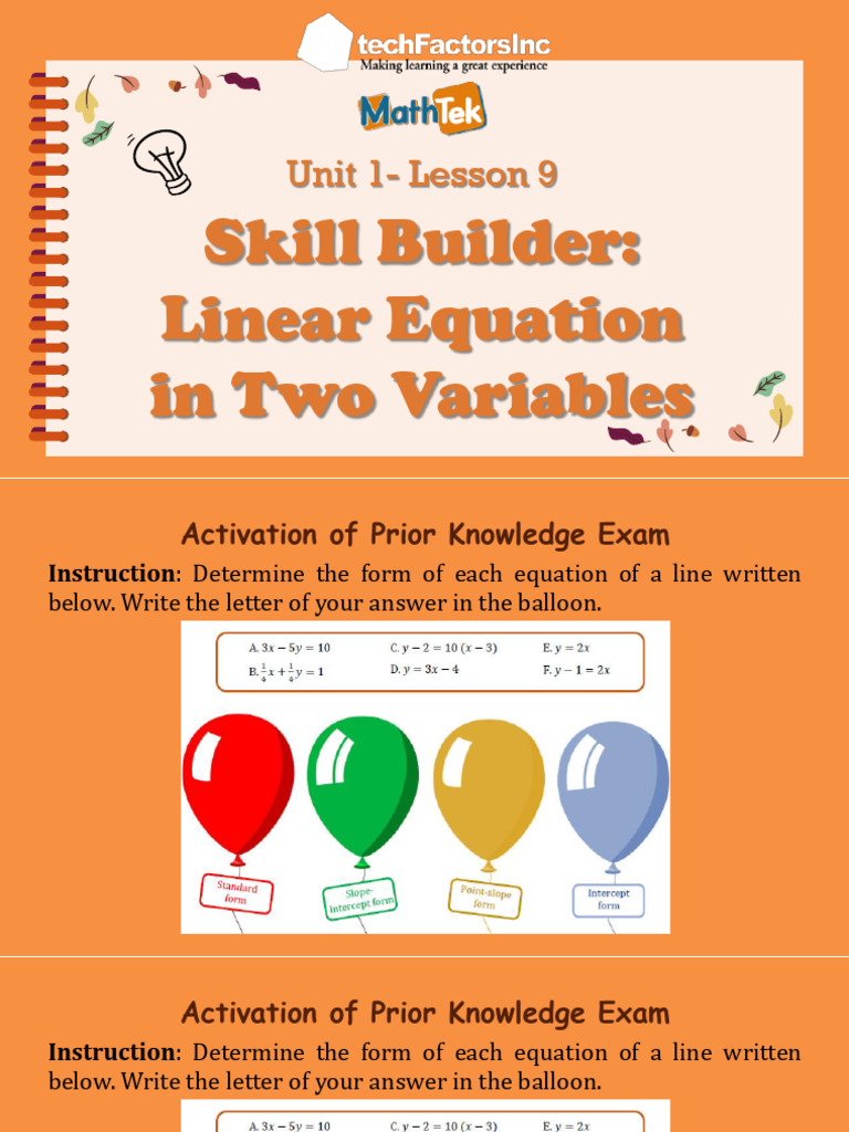 Unit 1-Lesson 9: Skill Builder: Linear Equation in Two Variables | PDF ...