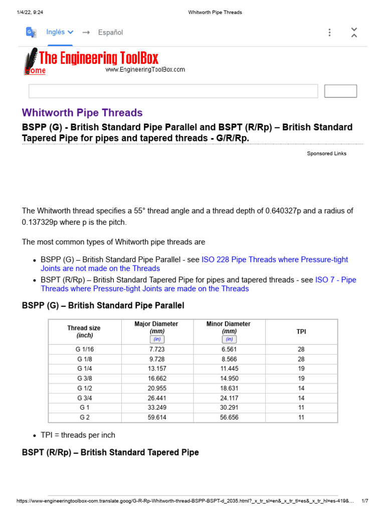 Whitworth Pipe Threads - BSPP | PDF | Screw | Mechanical Engineering