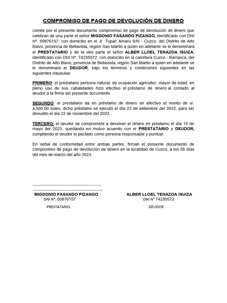 Contrato de Compromiso de Devolucion de Dinero | PDF