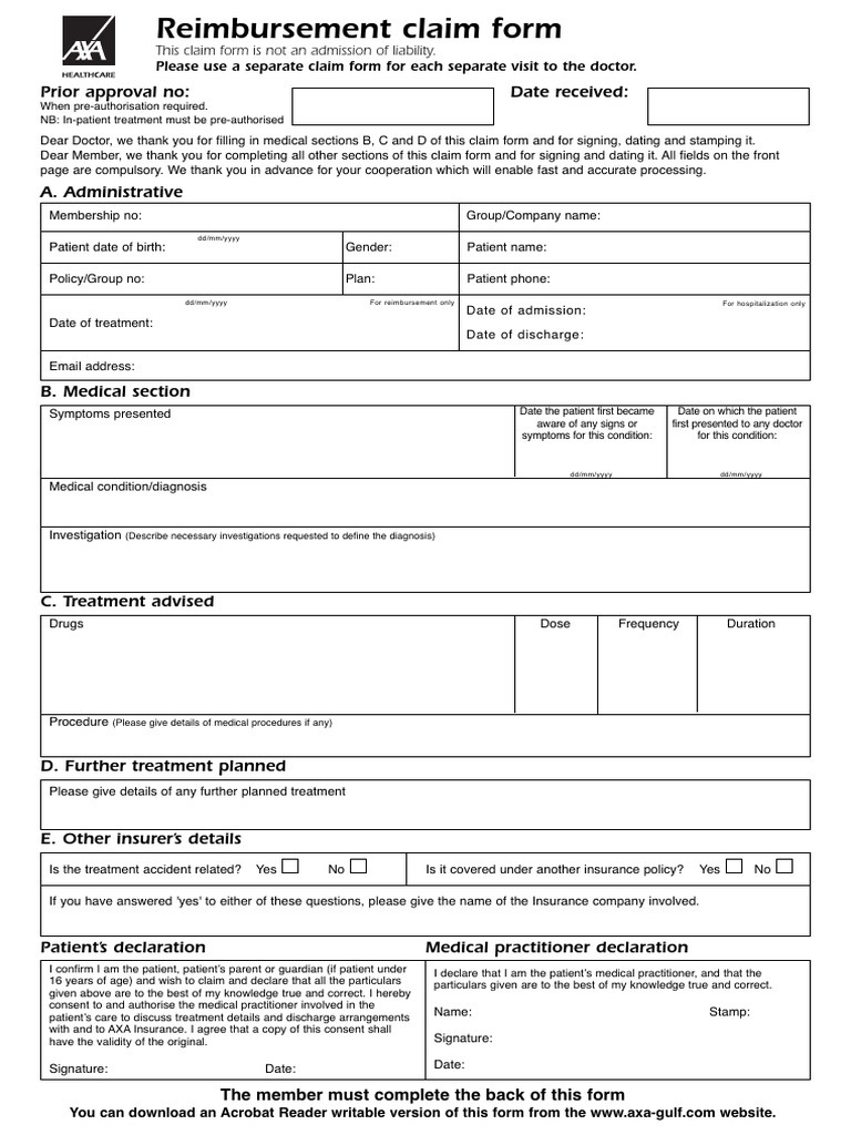 Axa Reimbursement Claim Form 01 | PDF | Patient | Medical Diagnosis