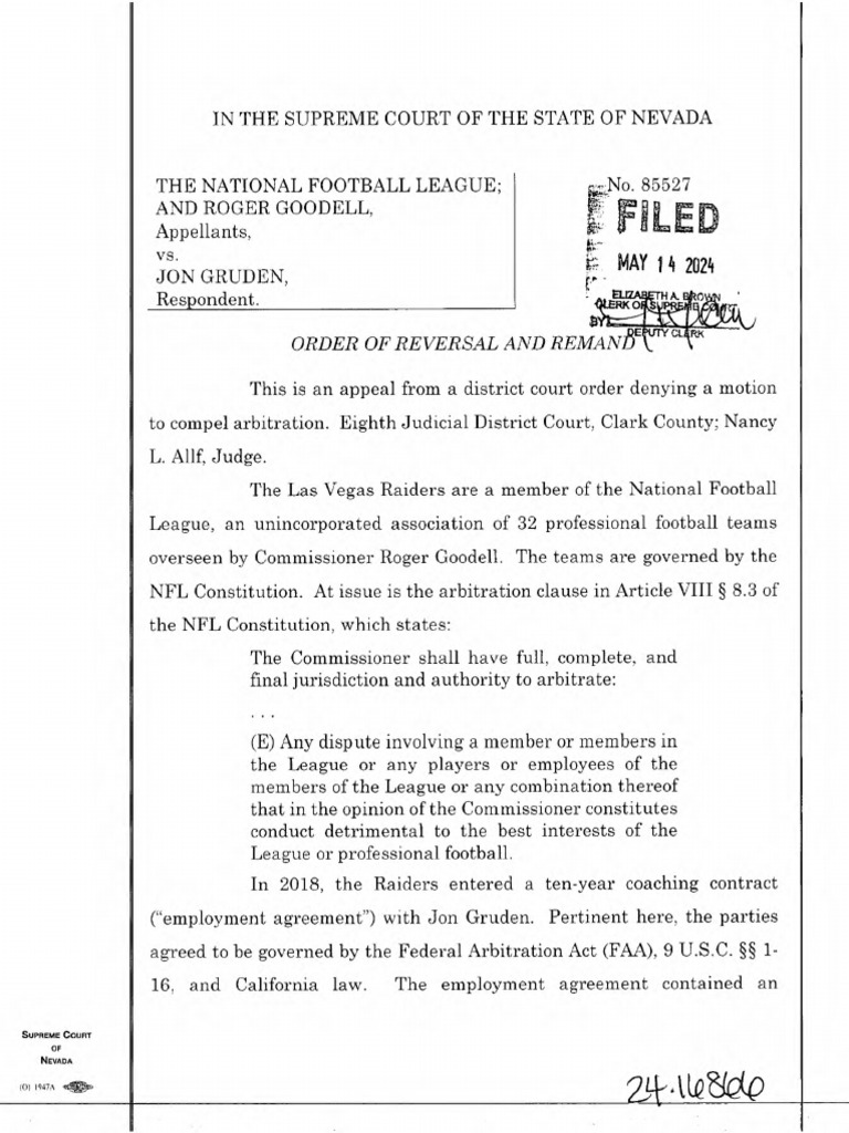 Nevada Supreme Court ruling on Jon Gruden, NFL case | PDF | Arbitration ...