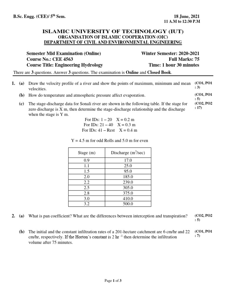 Civil Engg. Hydrology Exam | PDF | Discharge (Hydrology) | Water