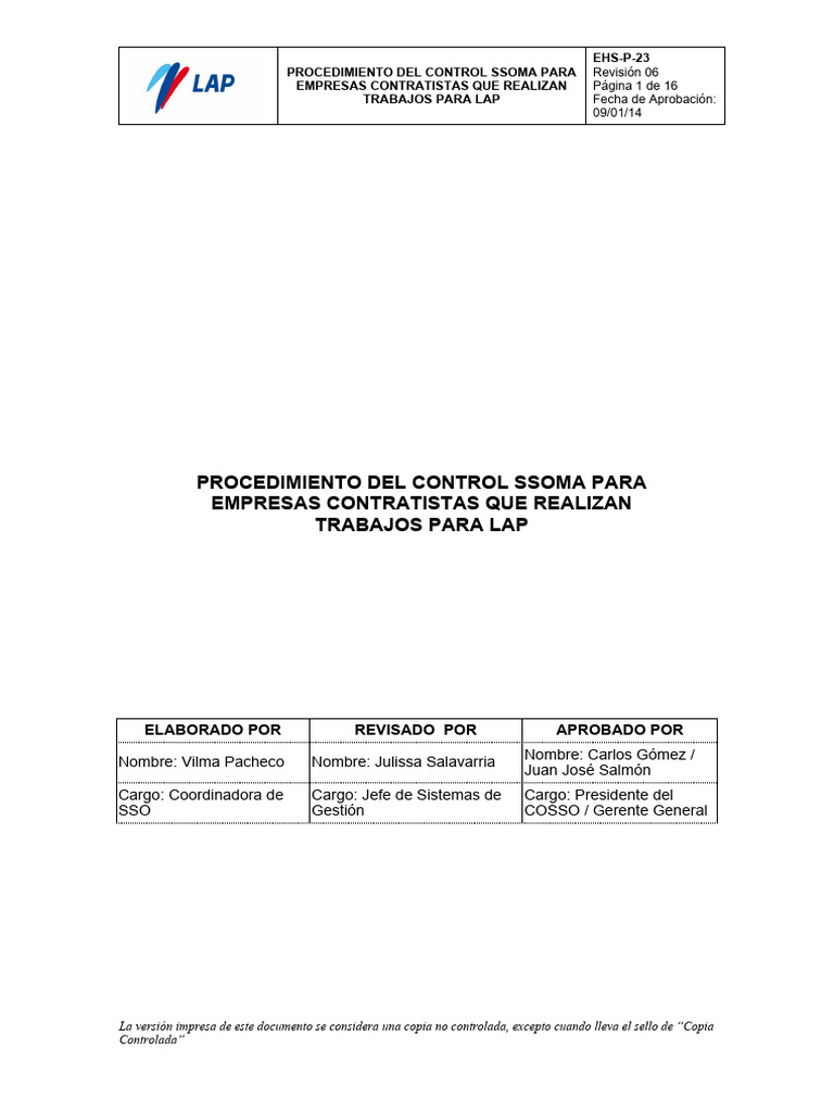 180-Ehs-P-23 Procedimiento Del Control Ssoma para Empresas Contratistas Que Realizan Trabajos ...