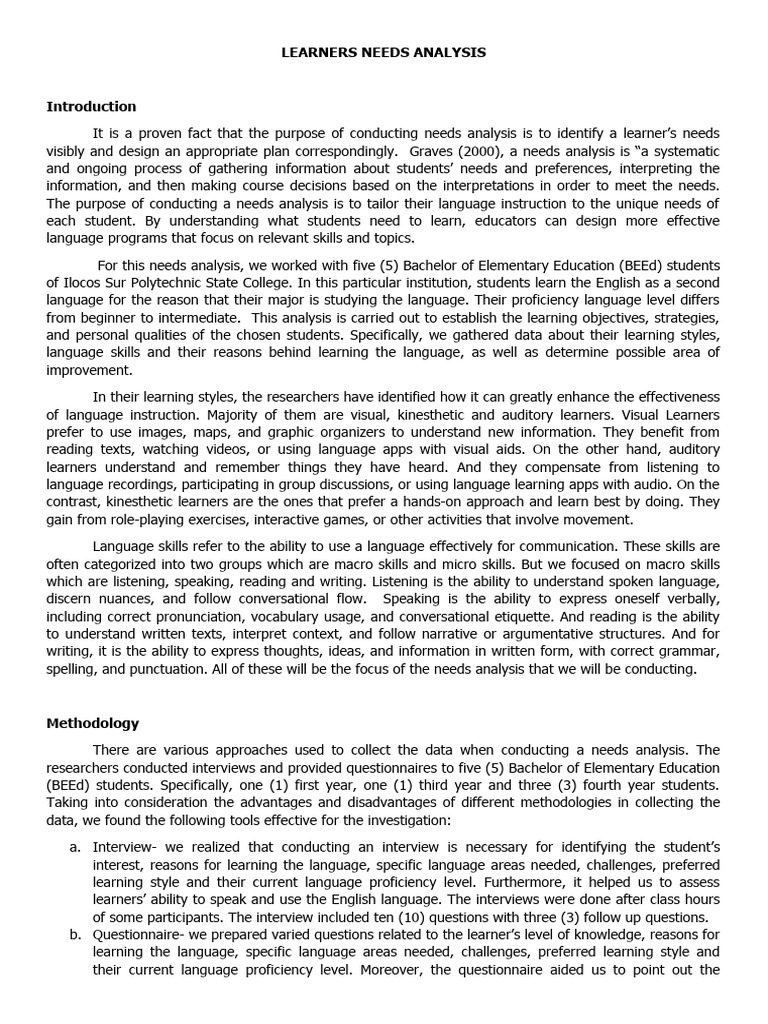 LEARNERS-NEEDS-ANALYSIS (English For Specific Purposes) | PDF | Fluency ...