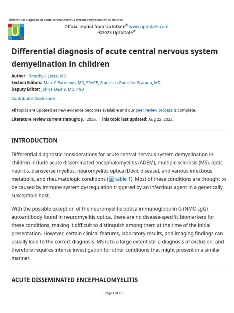 Differential Diagnosis of Acute Central Nervous System Demyelination in Children | PDF ...
