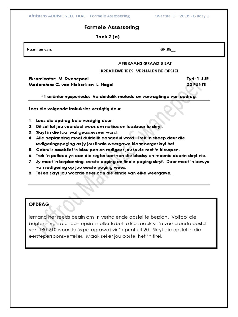 Verhalende Opstel - Graad - 8 - Eat - Kwartaal - 1 | PDF