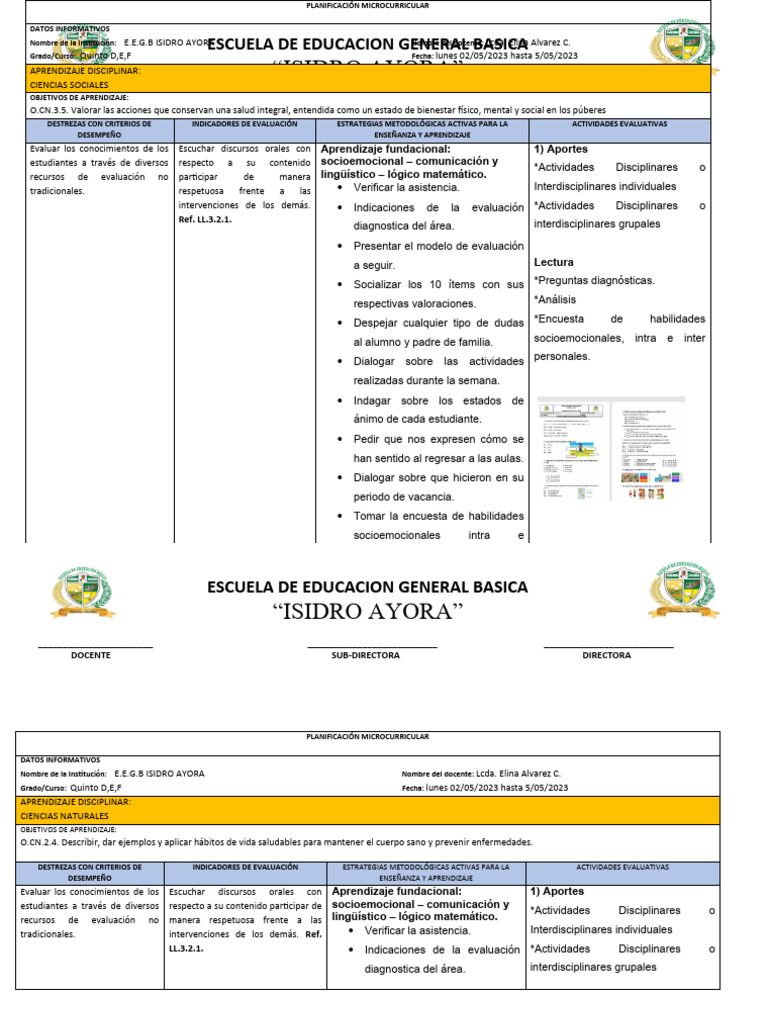 Planificación Microcurricular Semana 2 Elina Alvarez | PDF | Evaluación ...