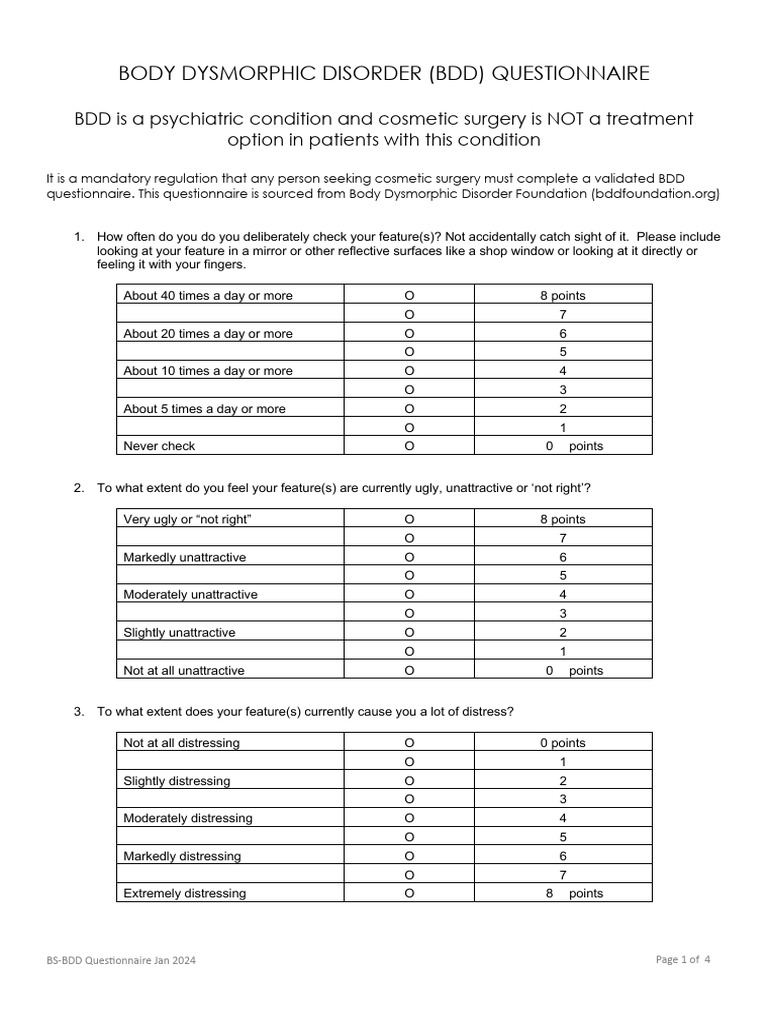 BDD Questionnaire | PDF | Abnormal Psychology | Medical Specialties