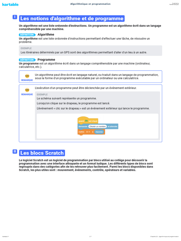 Introduction à l'algorithmique et Scratch | PDF | Programme ...