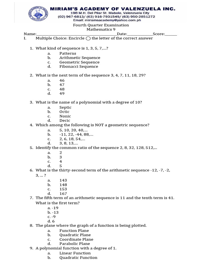 Mathematics-9-Fourth-Quarter-Examination | PDF | Triangle | Mathematical Objects