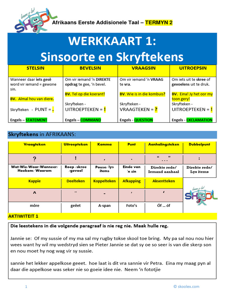 Termyn 2 Werkkaart 1 Sinsoorte en Leestekens | PDF
