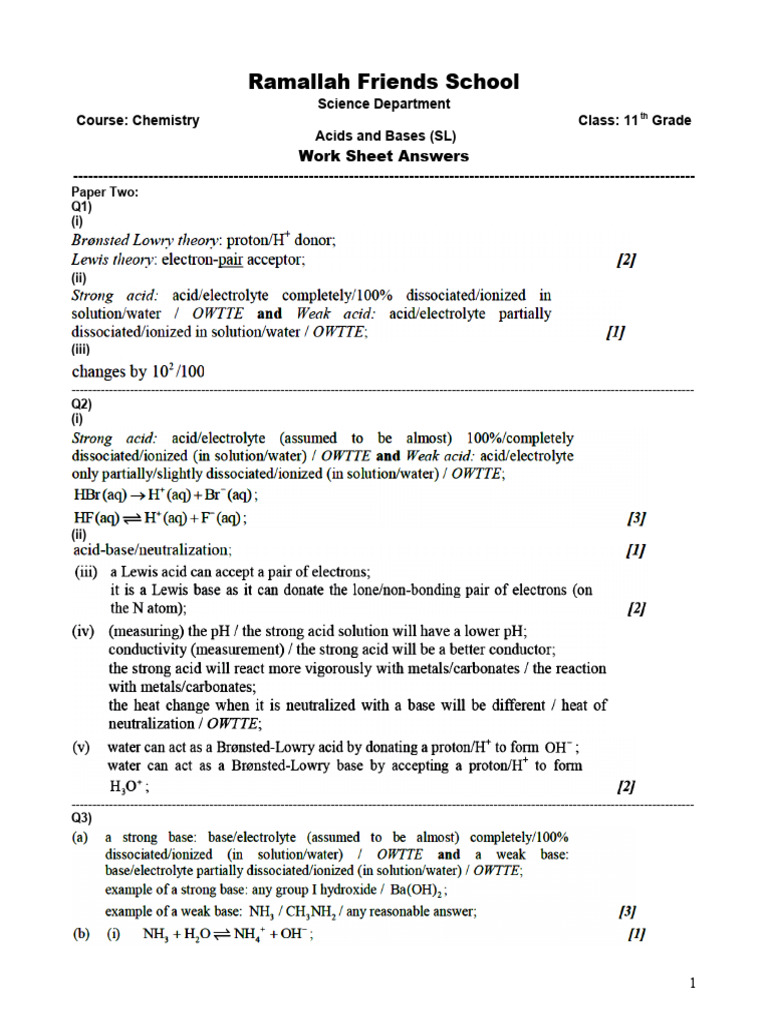 Acids and Bases SL Paper Two Answers | PDF | Ph | Mole (Unit)