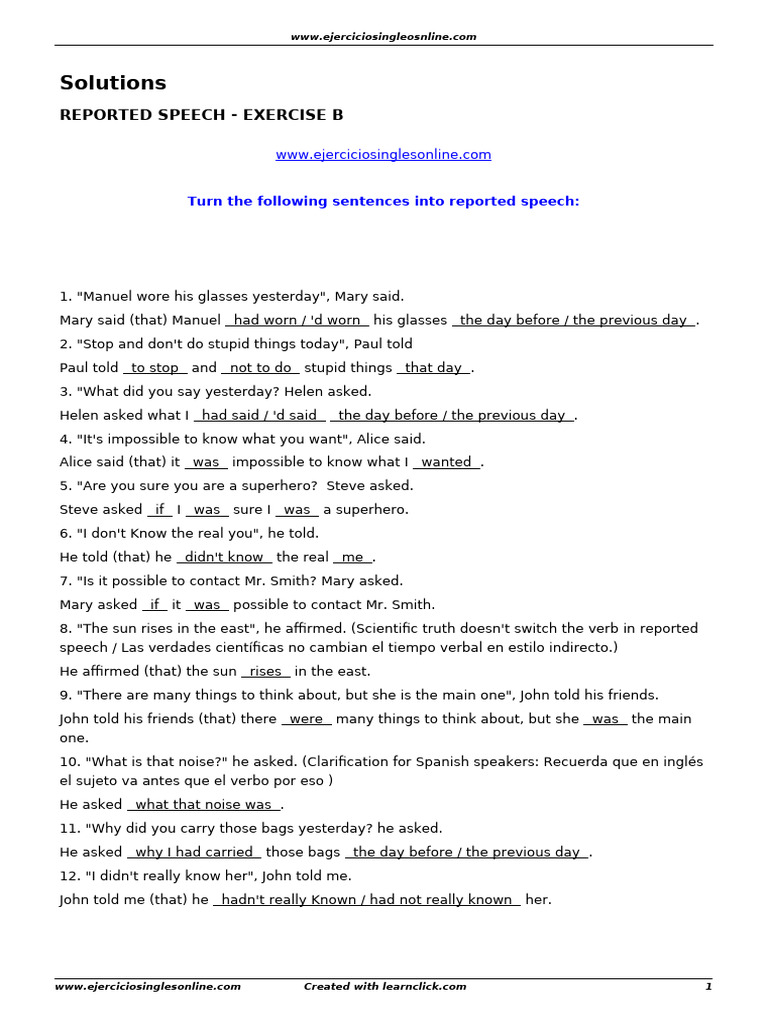Solutions Reported Speech Exercise B | PDF