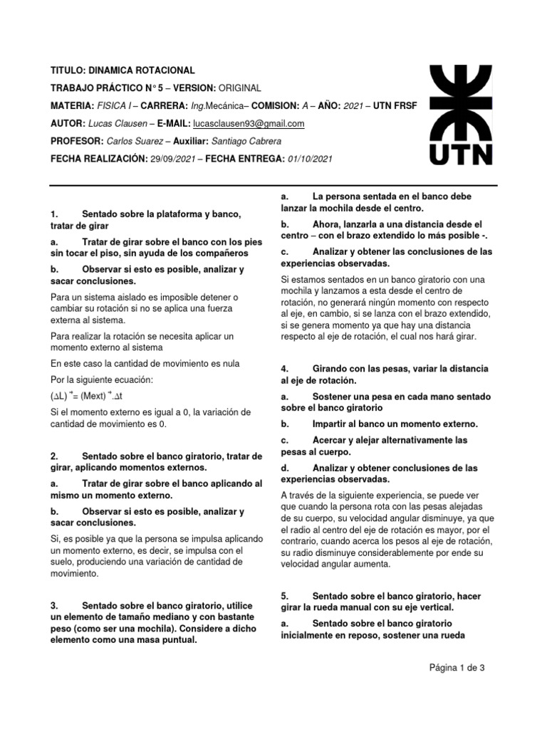 TP #5 - Dinamica Rotacional - Clausen Lucas | PDF | Giroscopio | Rotación