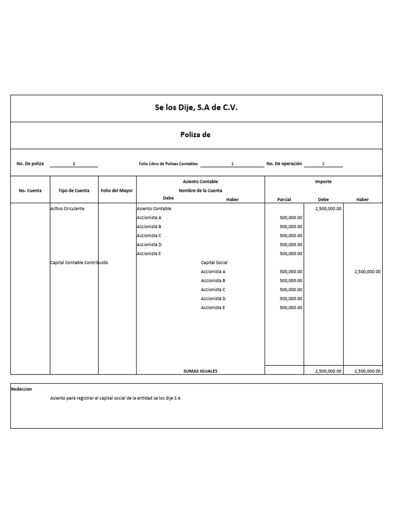 Ejemplo de Póliza de Diario Contable | PDF | Finanzas y dinero