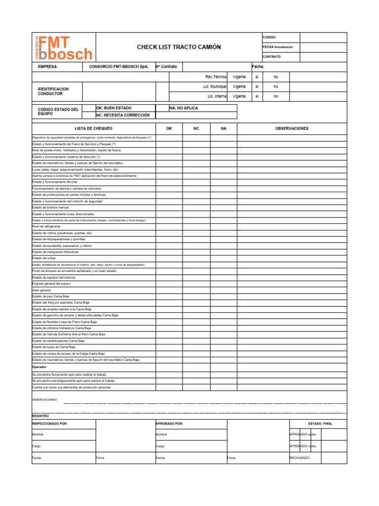 Checklist de Inspección para Tracto Camión | PDF | Camión | Neumático