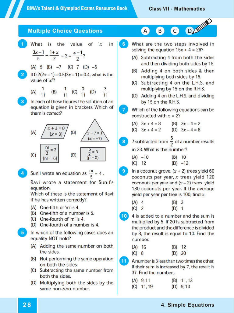 CL 7 - 4. Simple Equations | PDF | Equations | Mathematics
