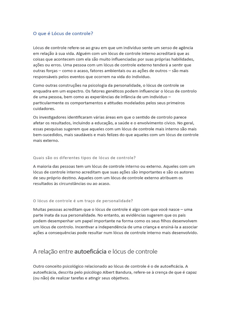 Entenda o Lócus de Controle na Psicologia | PDF | Psicologia | Ciências ...